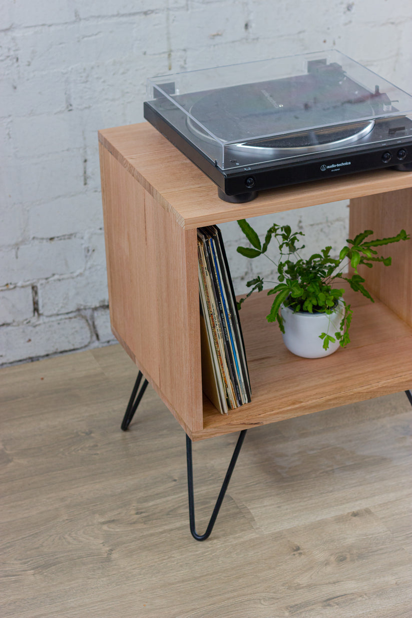 50cm Solid Hardwood Tasmanian Oak Record Player Stand W/ Hairpin Legs ...